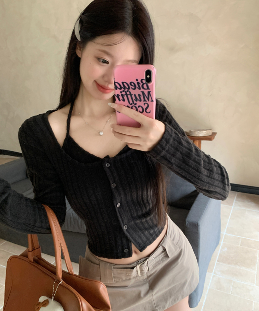 로스트체리 [나시+가디건 SET/겉기모] 리나 홀터넥 니트 투피스 셋업 - 4color