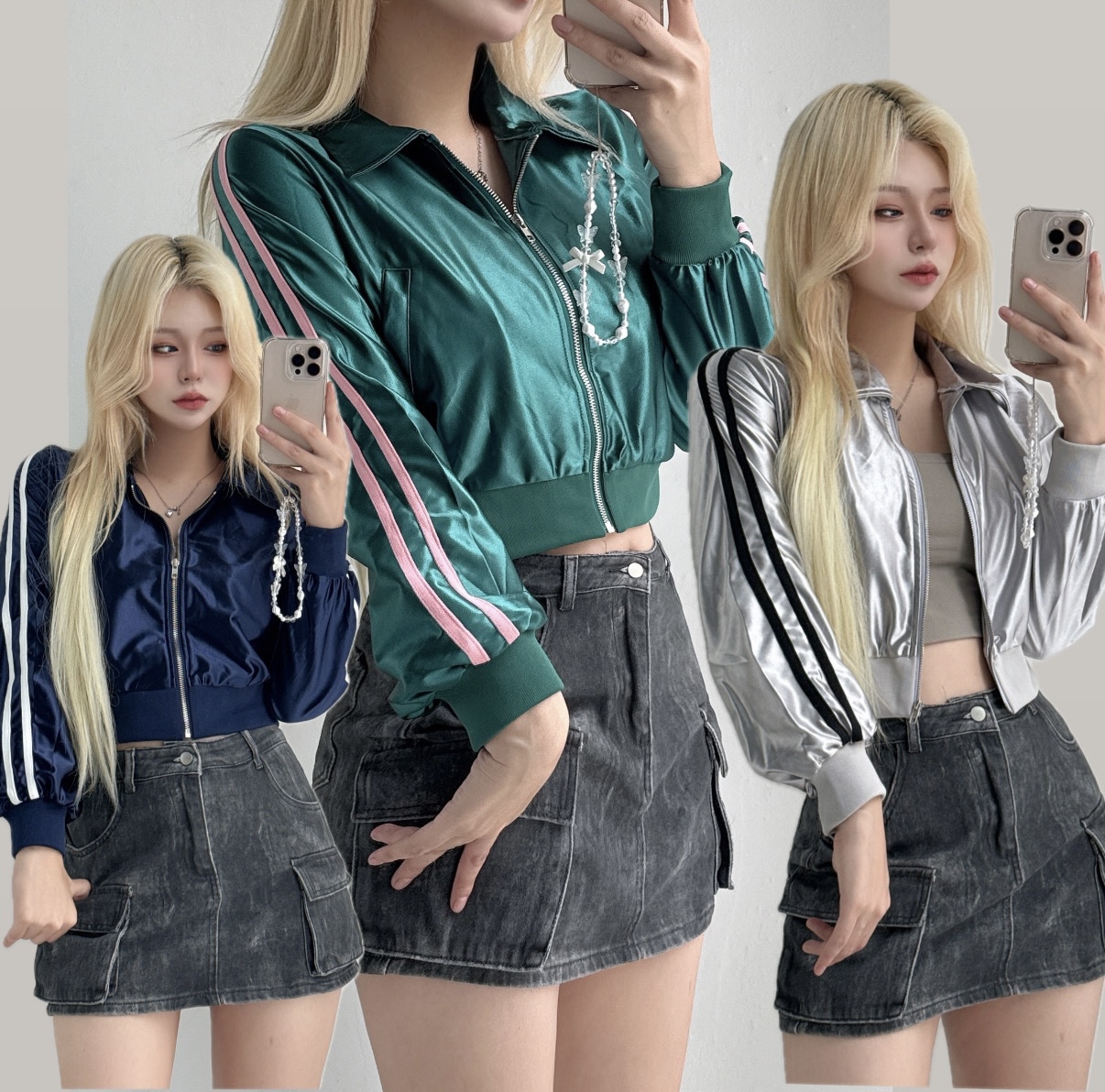 무아르 (Y2K/미친가격)글로스 크롭 매탈 트랙 자켓(3COLOR)