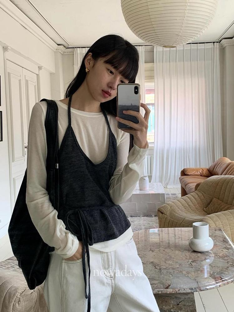 나우어데이즈 jinsim 진심 레이지 뷔스티에 울100 슬리브리스 레이어드 니트 나시 (4col)