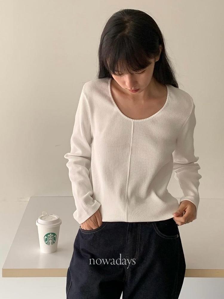 나우어데이즈 jinsim 진심 모아 티셔츠 코튼 긴팔 유넥 데일리 골지 t (3col)