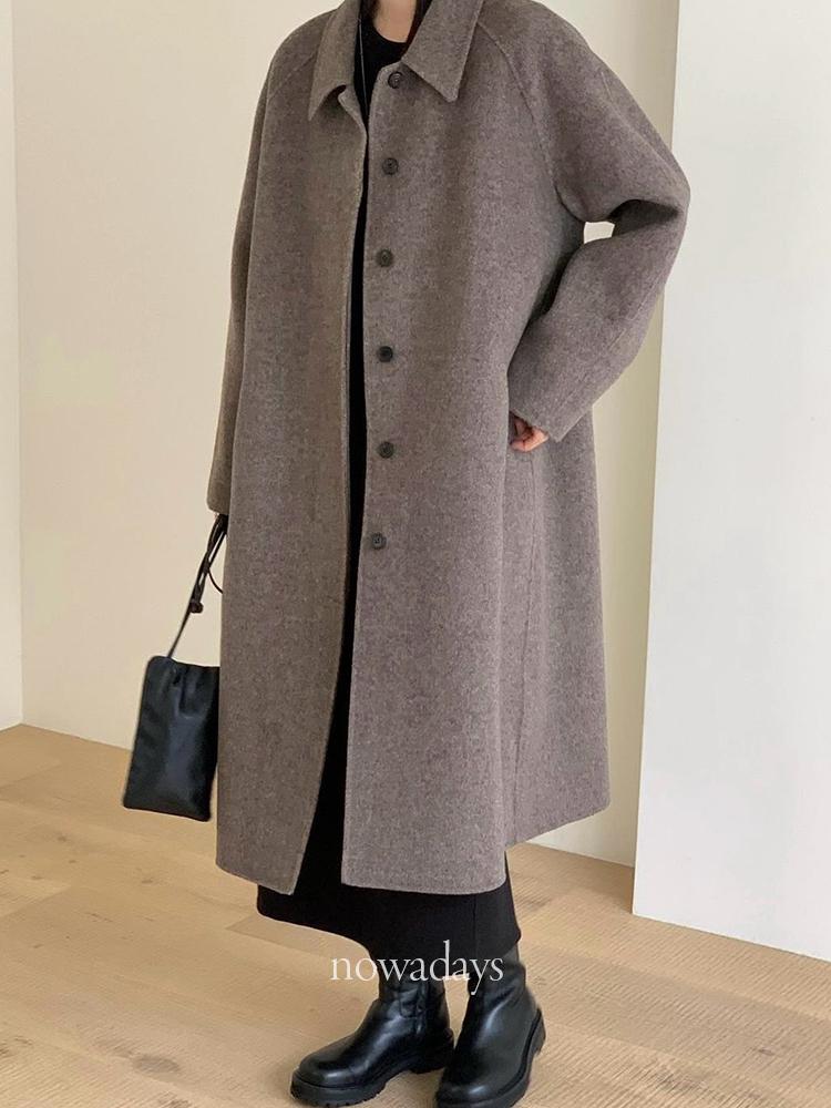나우어데이즈 오브젝트 핸드메이드 헤링본 히든 코트 울 카라 싱글 롱 ct (3col)