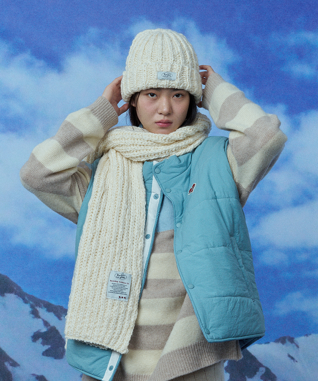 리끌로우 RECLOW HALFNA MUFFLER BEANIE SET 3 COLOR 꽈배기 스키장 귀여운 비니 모자 목도리 머플러 세트