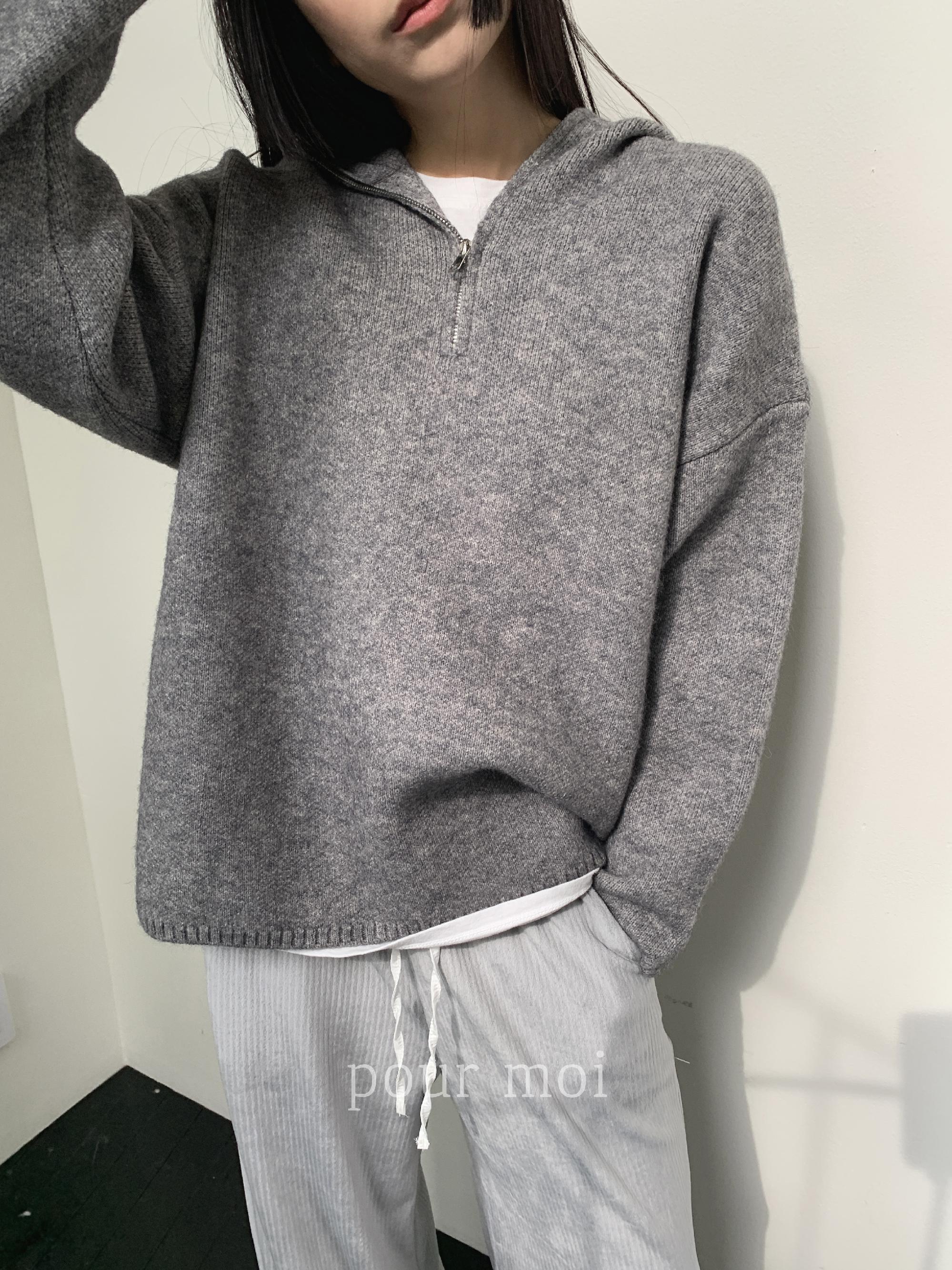 포르모어 지퍼 롱후드 니트 울 반집업 루즈핏 긴팔 nt (3col)