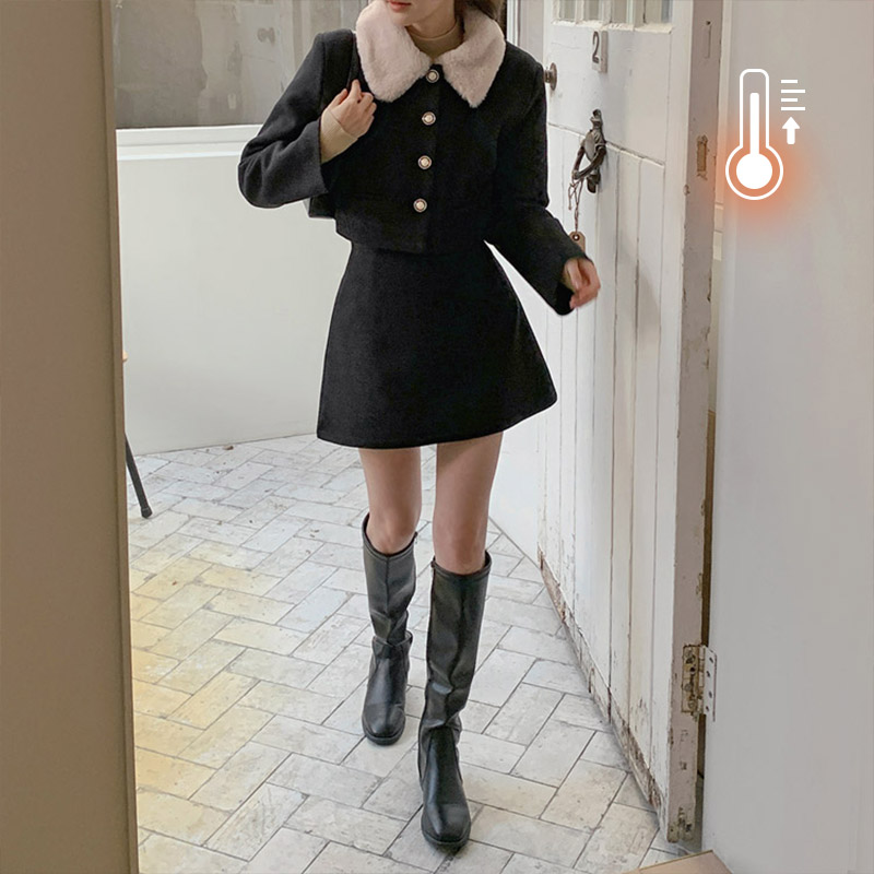 모어렌 단독 투피스set Tst0059 에테르 퍼 카라 크롭 자켓 스커트 투피스 셋업퍼자켓퍼점퍼카라자켓숏스커트밴딩스커트하객룩