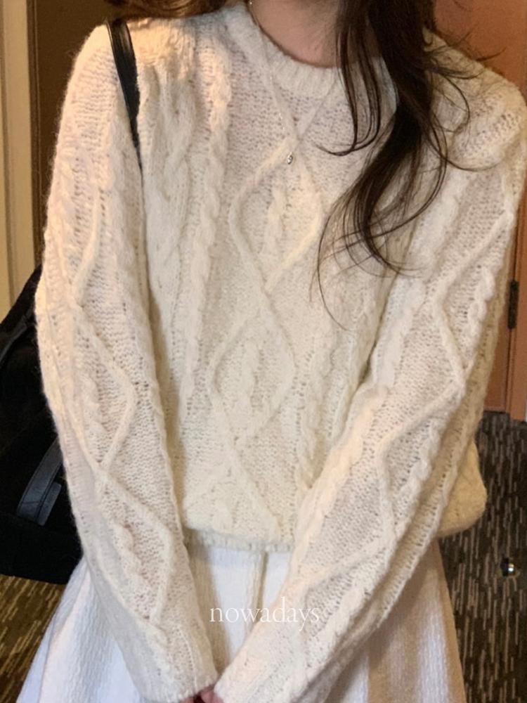 나우어데이즈 miel 미엘 온드 알파카 니트 울 꽈배기 긴팔 라운드 케이블 nt (3col)