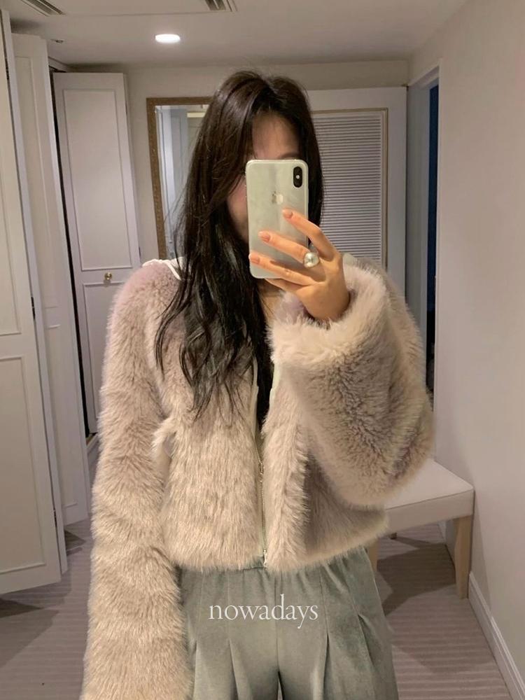 나우어데이즈 poster 포스터 시부야 퍼 자켓 노카라 라운드 싱글 크롭 jk (2col)