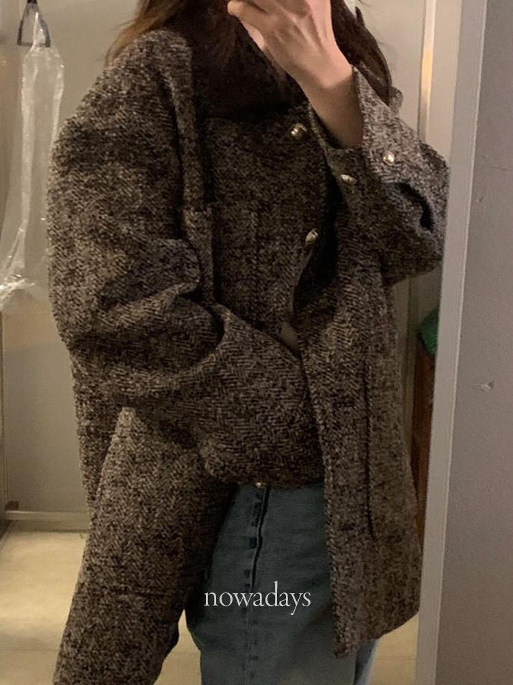 나우어데이즈 objet 오브제 베라 배색 카라 코트 울 헤링본 양털카라 싱글 하프 ct (2col)