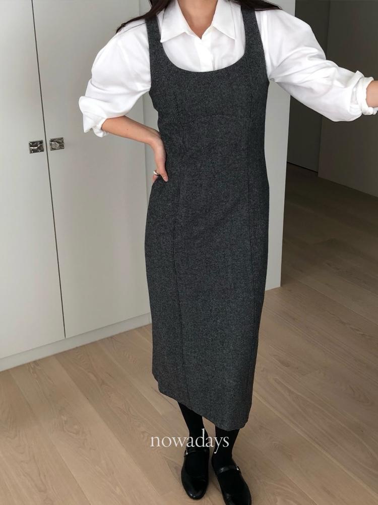 나우어데이즈 검S,M 당일 / founders 파운더스 프리미어 슬림 핏 드레스 레이어드 H라인 롱 원피스 (2col)