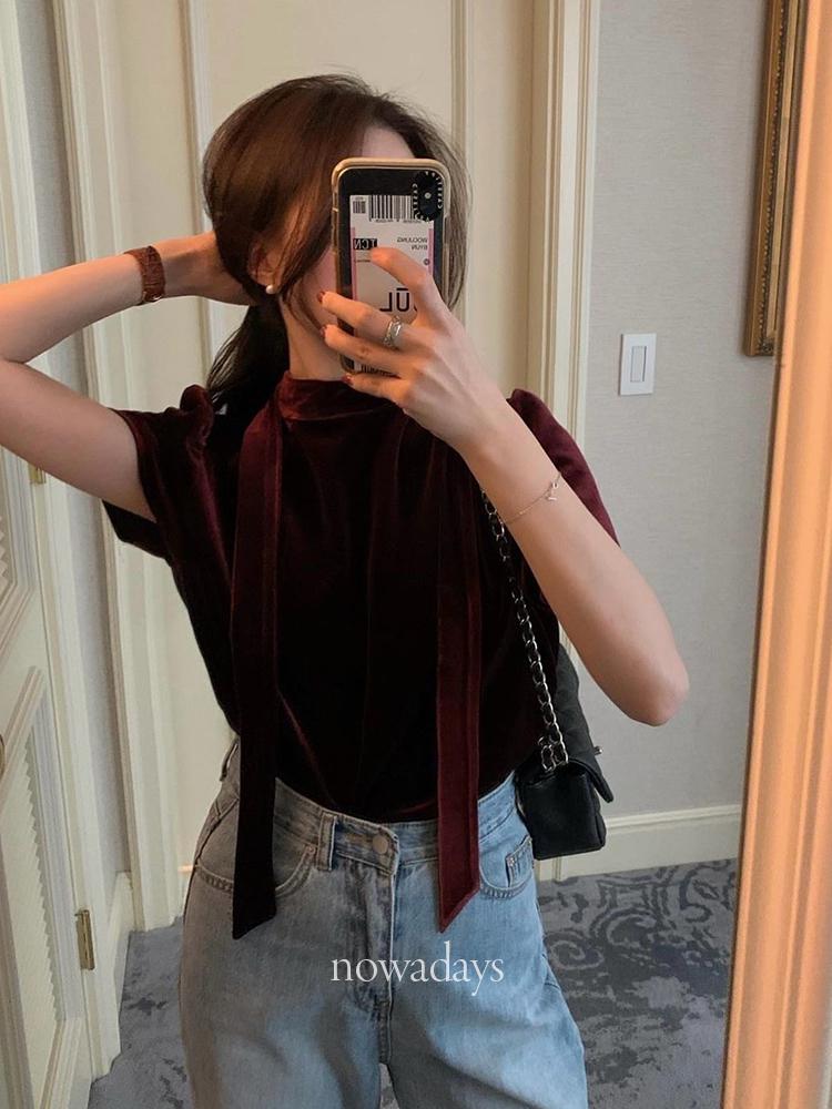 나우어데이즈 pyt 프리티영띵 벨벳 타이 블라우스 반팔 연말룩 bl (2col)