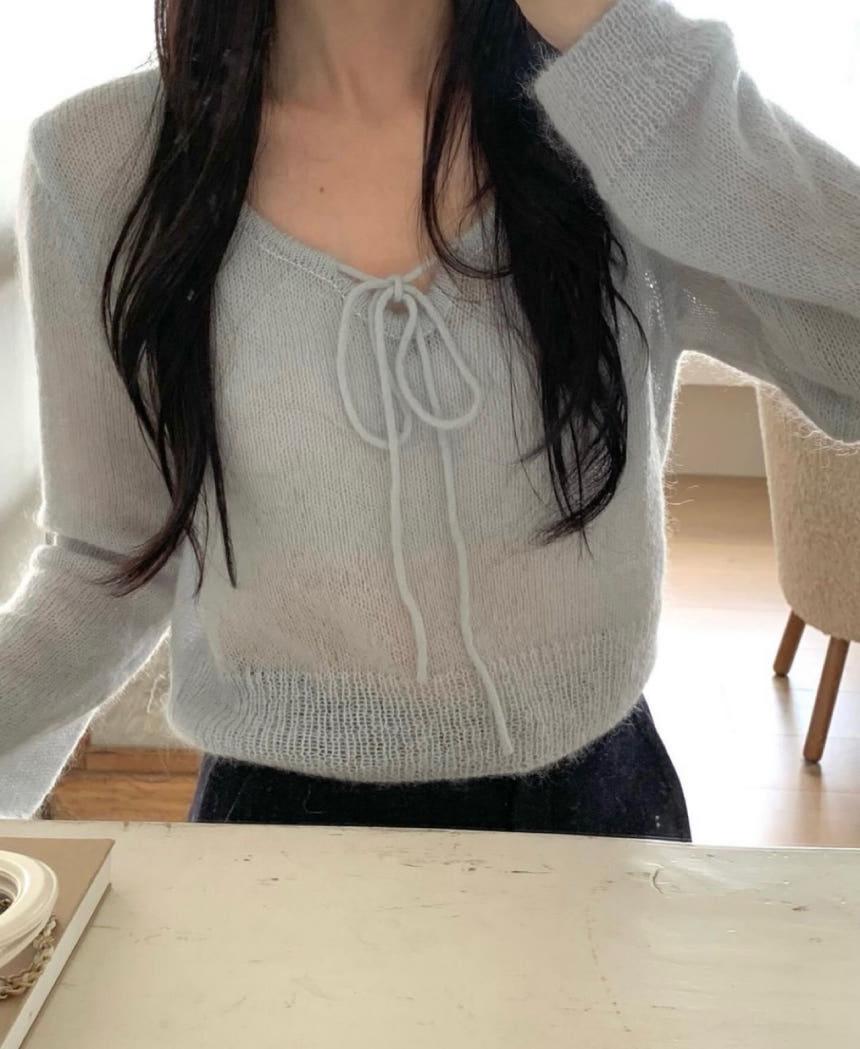 엠버쥬쥬 riette 리에뜨 벨리 니트 2col 울 모헤어 브이넥 리본 스트링 여리핏 긴팔