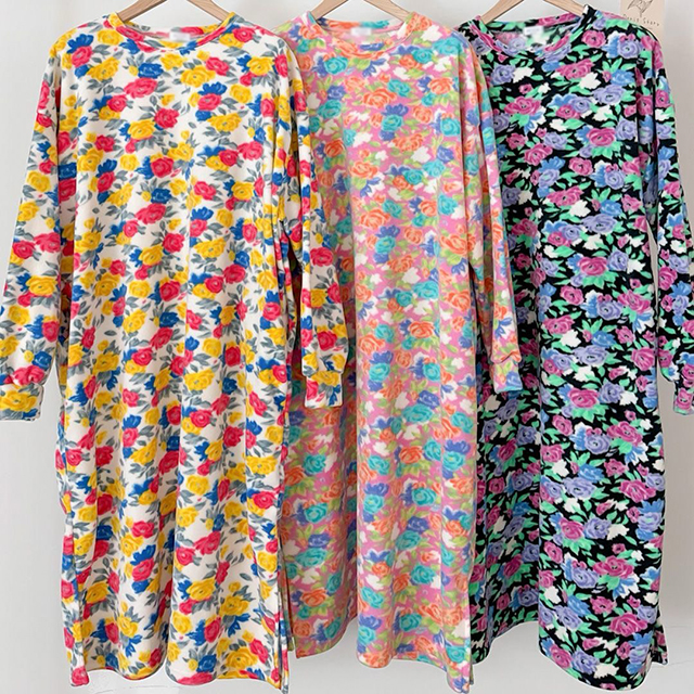 다미님 3컬러 긴팔 롱원피스 라운드넥 유넥 플라워 꽃 벌룬 퍼프 프린팅 프린트 임산부 임부복 오버핏 빅사이즈 긴소매 겨울 기모 도톰 잠옷 포켓 스판 맨투맨 드레스 캐주얼