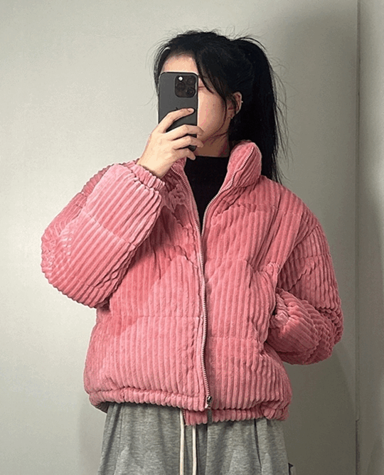 갓샵 여성 코듀로이 골덴 크롭 패딩 점퍼 숏패딩 3color 오버핏 골지 하이넥 스트링 포켓 잠바 여자 따뜻한 외투 블랙 검정 핑크 분홍 화이트 하얀 흰 색 아우터 데일리 겨울