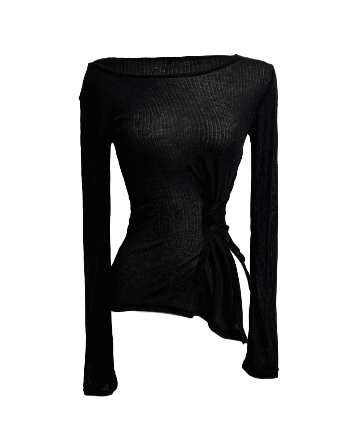 소울즈컬러 골지 시스루 옆단추 언발란스 슬릿 보트넥 긴팔 티셔츠 (1color-블랙)