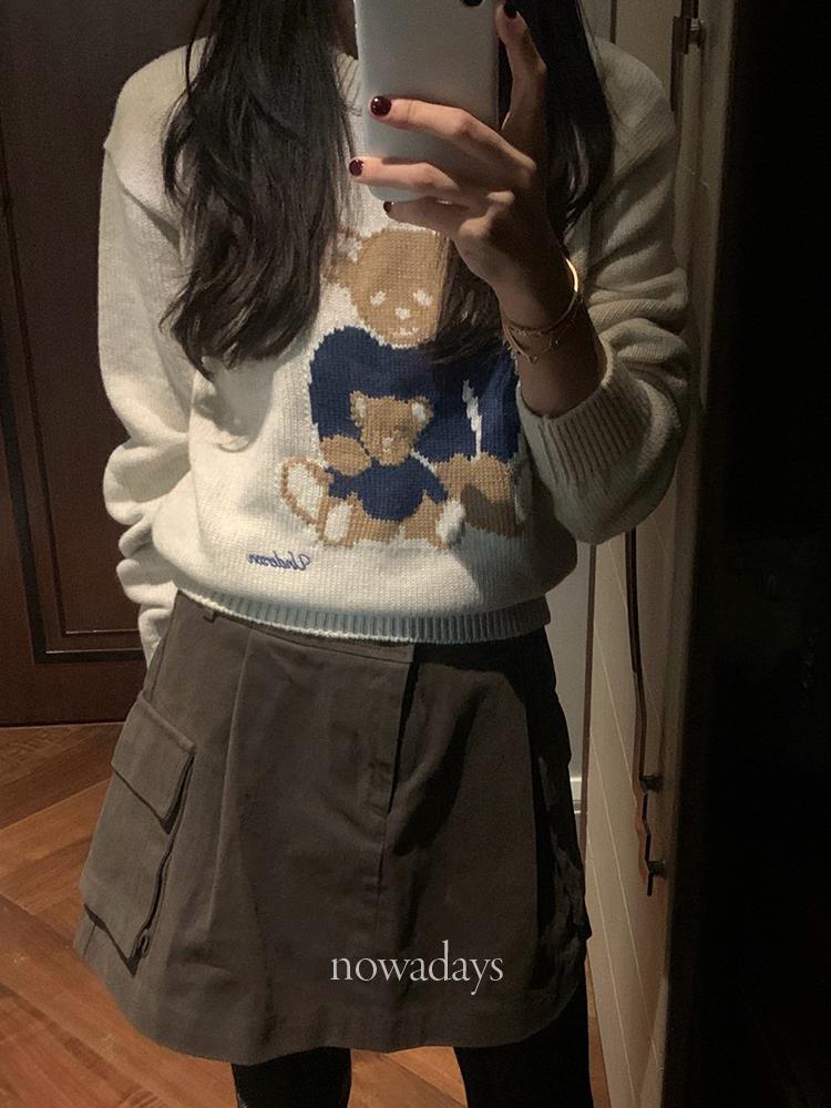 나우어데이즈 underson 언더슨 베어 레터링 니트 긴팔 라운드 곰돌이 nt (3col)