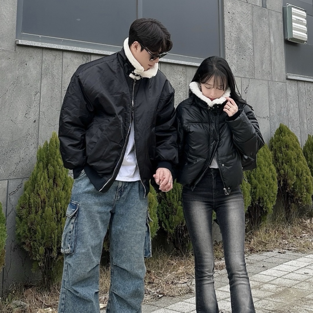 비바블 2사이즈 커플 무스탕 패딩 하이넥 버클 밍크 퍼 양털 뽀글이 집업 자켓 점퍼 겨울 커플룩 크롭패딩 오버핏 아우터 루즈핏