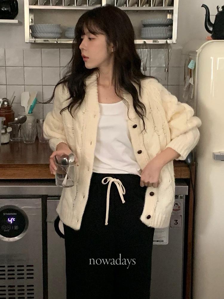 나우어데이즈 아,회 당일 / 베르가못 케이블 숄 가디건 울 브이넥 꽈배기 니트 cd (3col)