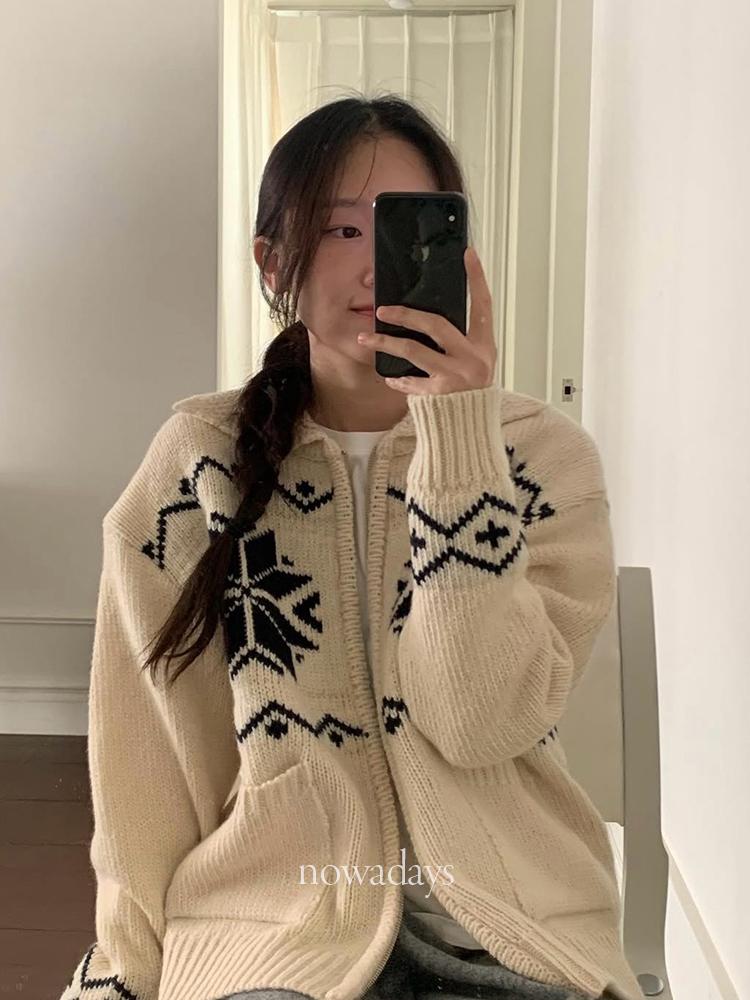 나우어데이즈 jinsim 진심 눈꽃 집업 울100 긴팔 카라 니트 가디건 (3col)