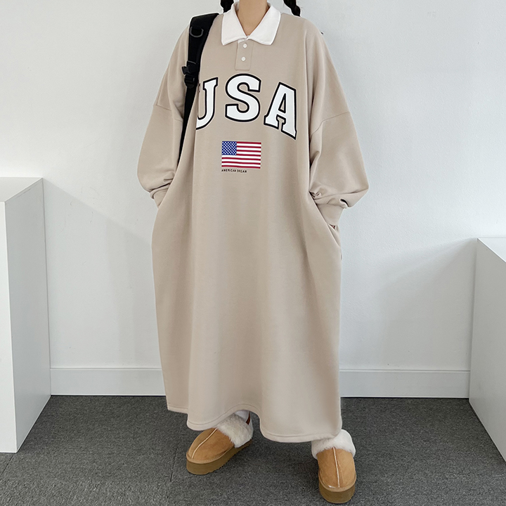 봄이슈 [기모/~120/5XL] 왕오버핏 빅빅사이즈 박스 USA 카라 롱 원피스 4color