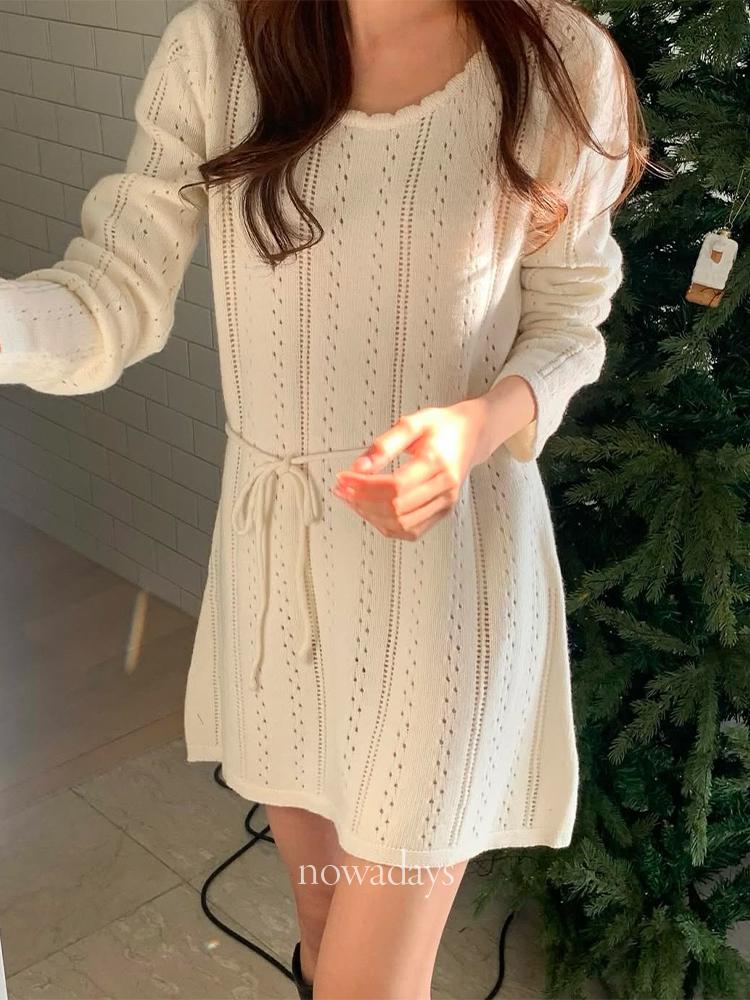 나우어데이즈 riette 리에뜨 세몬 니트 원피스 긴팔 유넥 스트링 아일렛 미니 ops (2col)