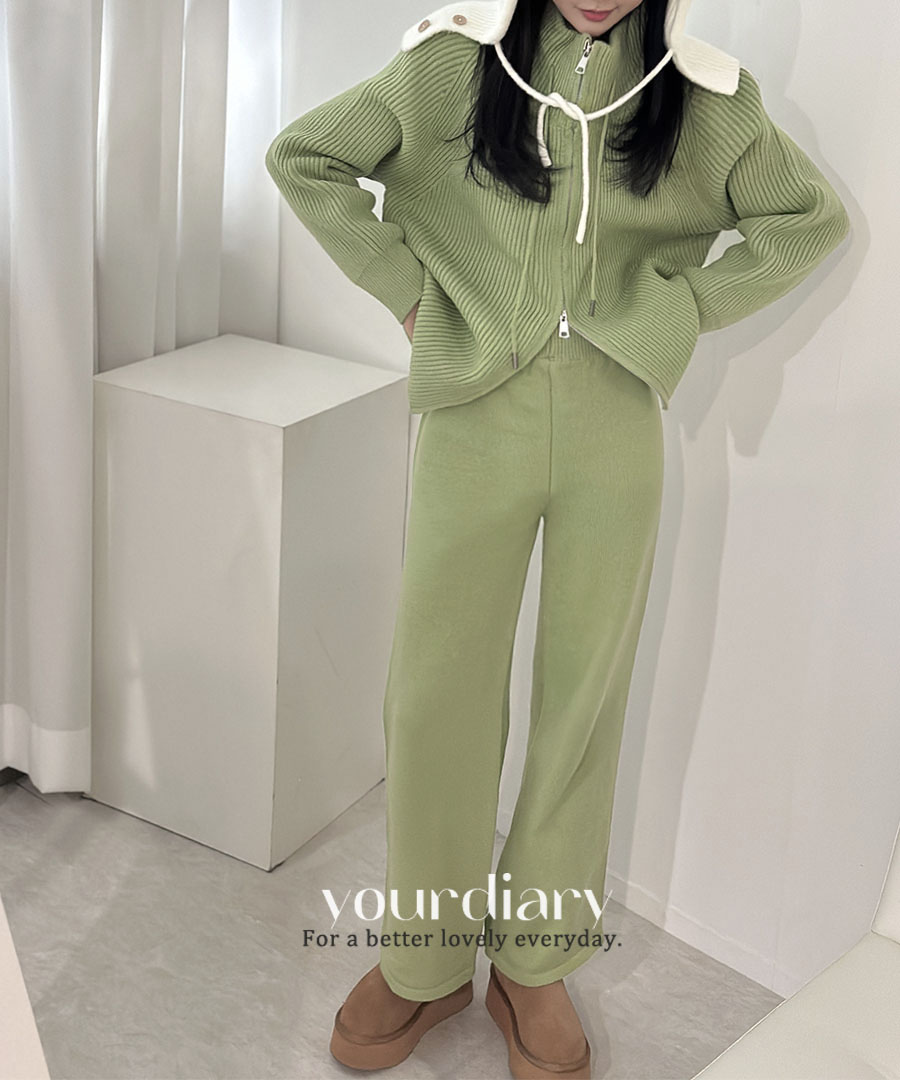 유어다이어리 Set탄탄핏 투웨이 하이넥 폴라 반목 터틀넥 골지 니트 루즈핏 오버핏 하프 집업 이중지퍼 밴딩 하이웨스트 와이드 팬츠 트레이닝 츄리닝 추리닝 투피스 세트