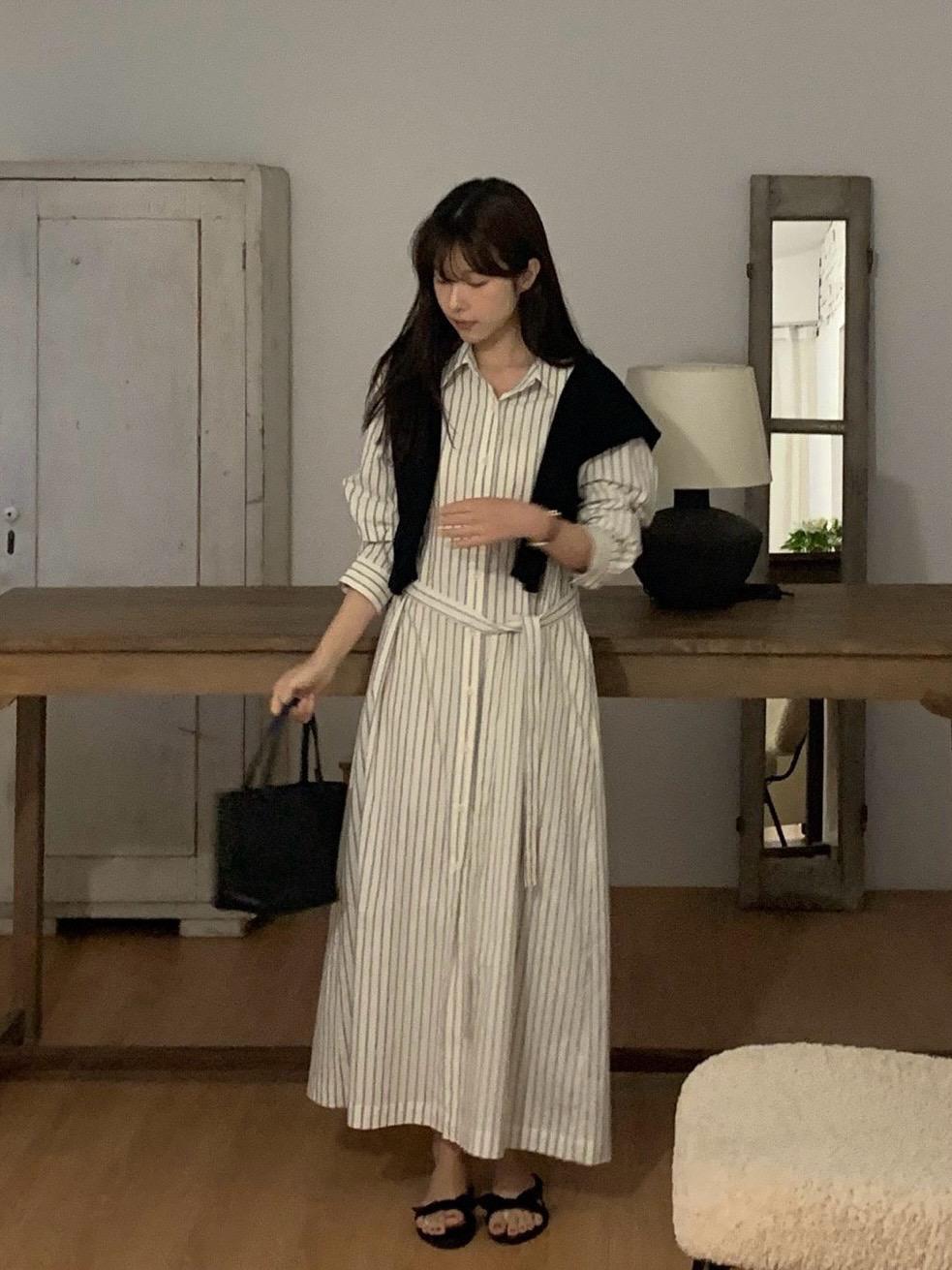 소라 당일 / 베르가못 스텔라 원피스 코튼 스트라이프 스트랩 셔츠 롱 ops (2col)