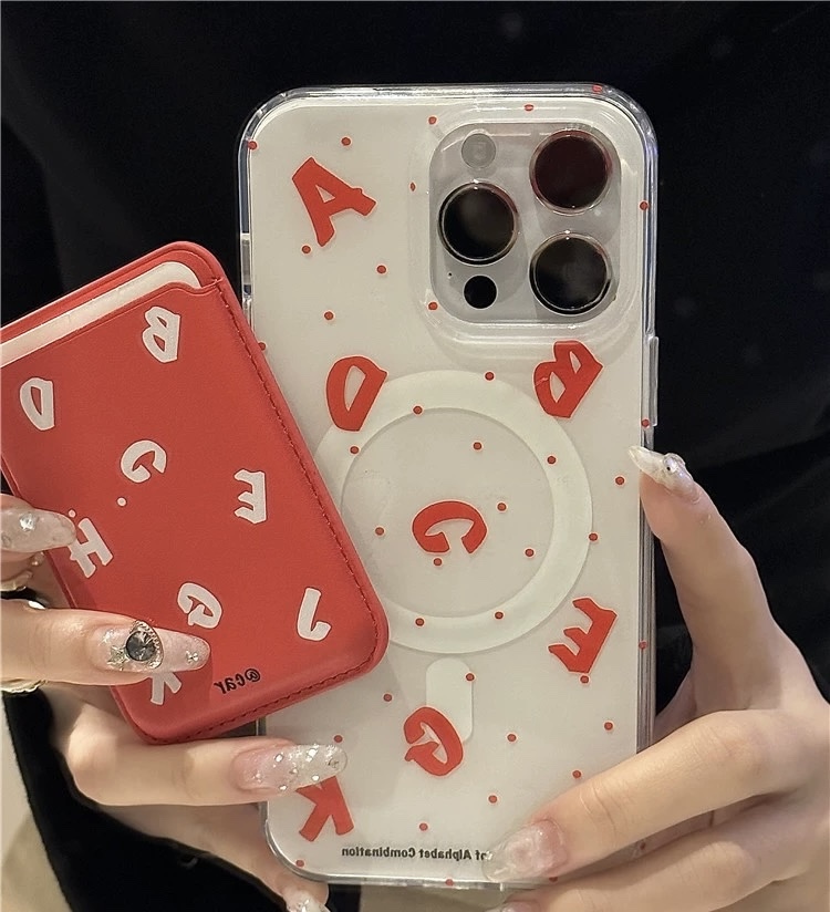 앤틱케이스 맥세이프지갑세트 레드 알파벳 카드수납 폰케이스 아이폰15프로케이스 15프로맥스 14프로맥스 13프로맥스 귀여운 감성 아이폰프로케이스 폰케이스 14프로케이스