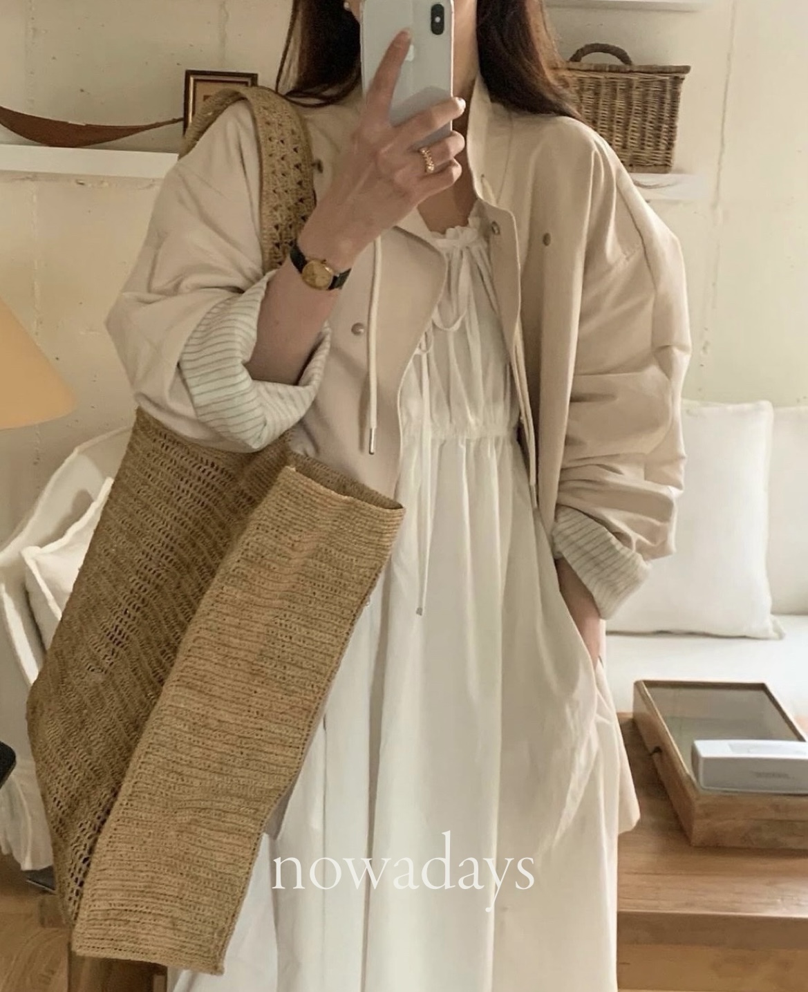 나우어데이즈 [SALE] 크림 당일 / objet 오브제 스트링 야상 자켓 코튼 긴팔 카라 루즈핏 싱글 jk (2col)