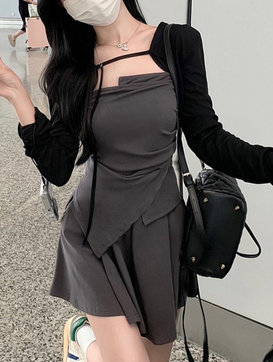하프닌 세트구성 토렌 언발 랩 그레이 오프숄더 민소매 탑 A라인 플레어 미니 스커트 블랙 긴팔 크롭 스트랩 가디건 Y2k 유니크 3피스 쓰리피스