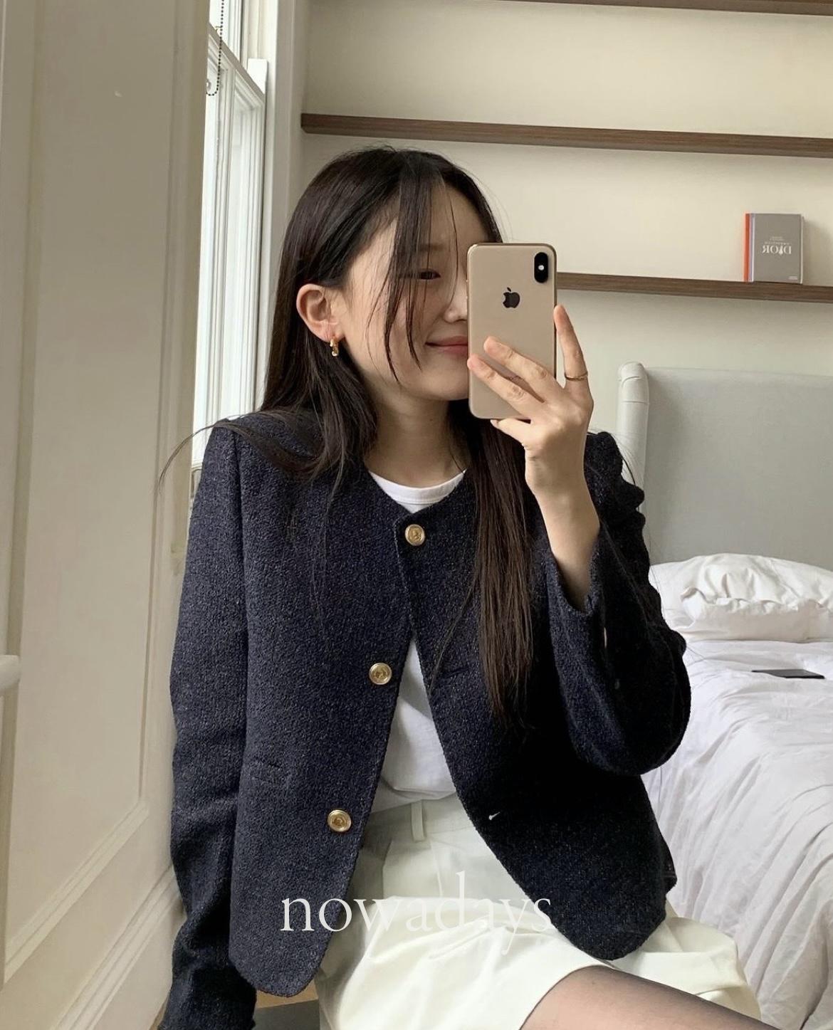 jinsim 진심 다이앤 자켓 울 긴팔 라운드 노카라 트위드 숏 jk (3col)