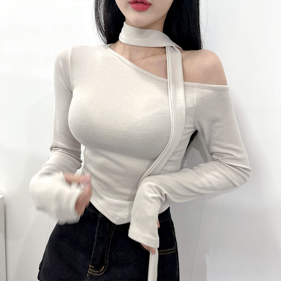 유어다이어리 국내생산스카프set 언발 오프숄더 원오프숄더 입술넥 드레이프 슬림핏 머플러 스카프 초커 핸드 워머 사선 밴딩 스판 데일리 무지 기본 베이직 크롭 숏 긴팔