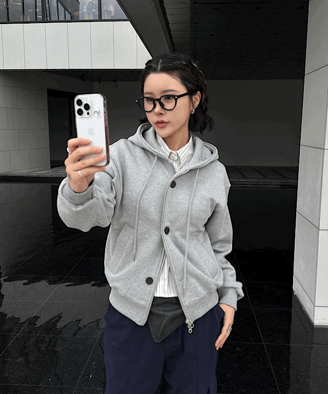 이네파블 버튼 투웨이 지퍼 기모 후드 집업