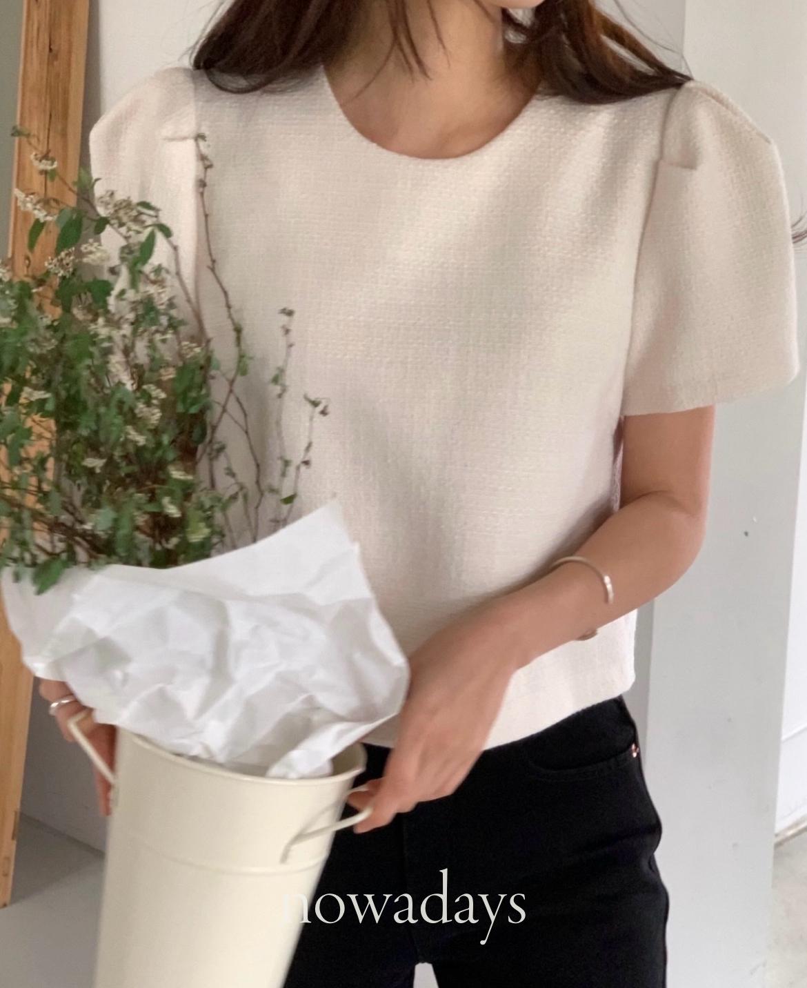 나우어데이즈 founders 파운더스 팜 블라우스 라운드 퍼프 반팔 크롭 트위드 bl (3col)