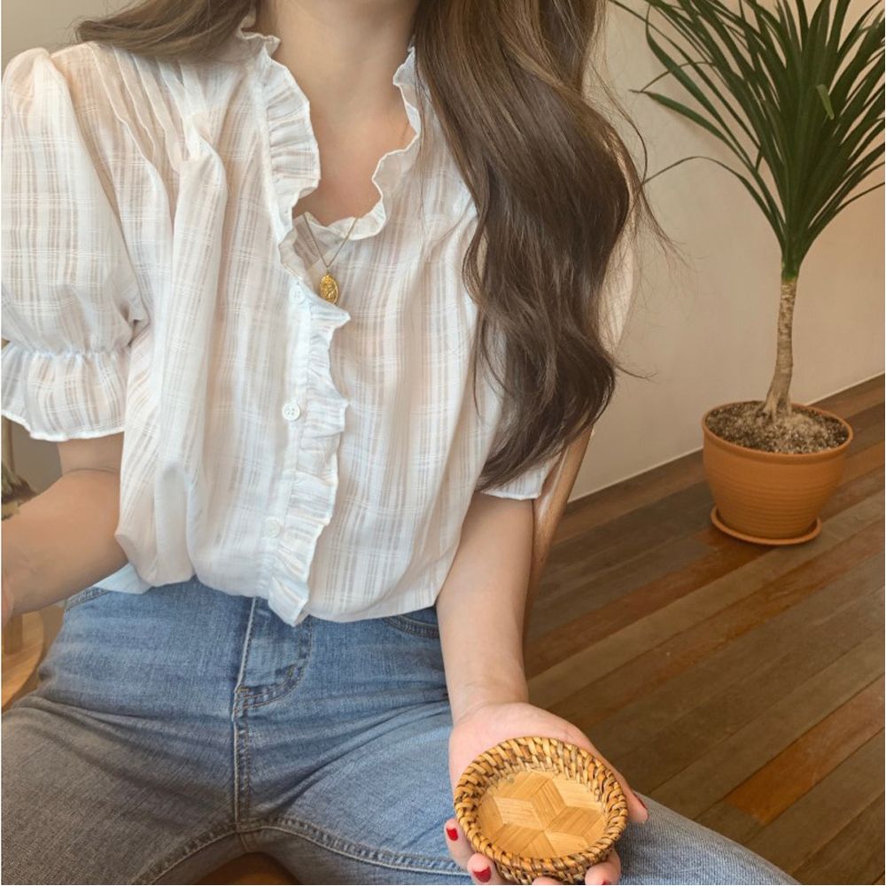 블라우스 여자 얇은 여름 반팔 프릴 V넥 퍼프 블라우스 셔츠 여성상의 차르르블라우스 잔꽃블라우스 플라워블라우스