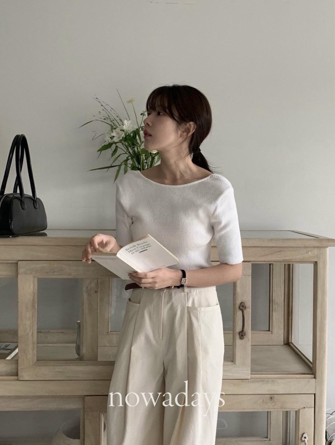 나우어데이즈 [SALE] 회 당일 / 베르가못 골지 보트넥 니트 코튼 반팔 5부 골지 백트임 nt (4col)