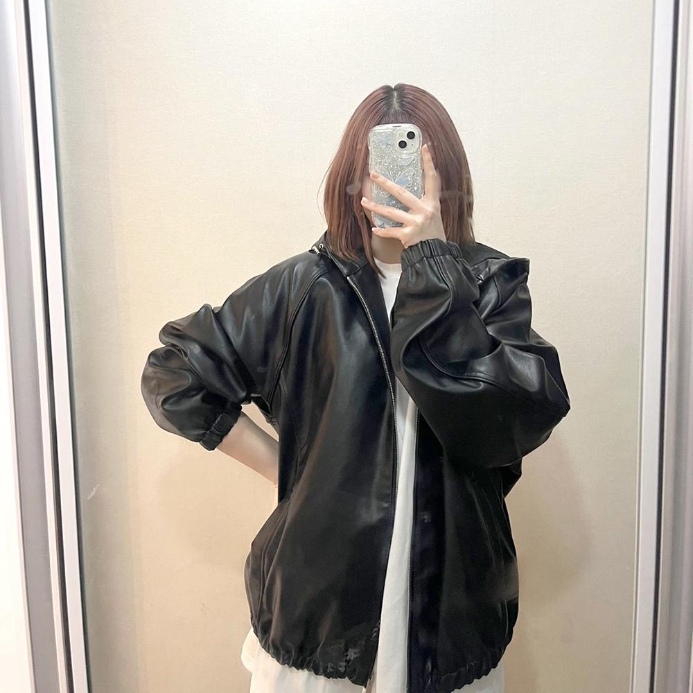 밤에피는옷장 66-130 그의바다 레더자켓 후드 밴딩 가죽 점퍼 빅사이즈 박시핏 봄 플러스사이즈 L~4XL 프리사이즈 루즈핏 77 88 99 110 120 XL 2XL ...