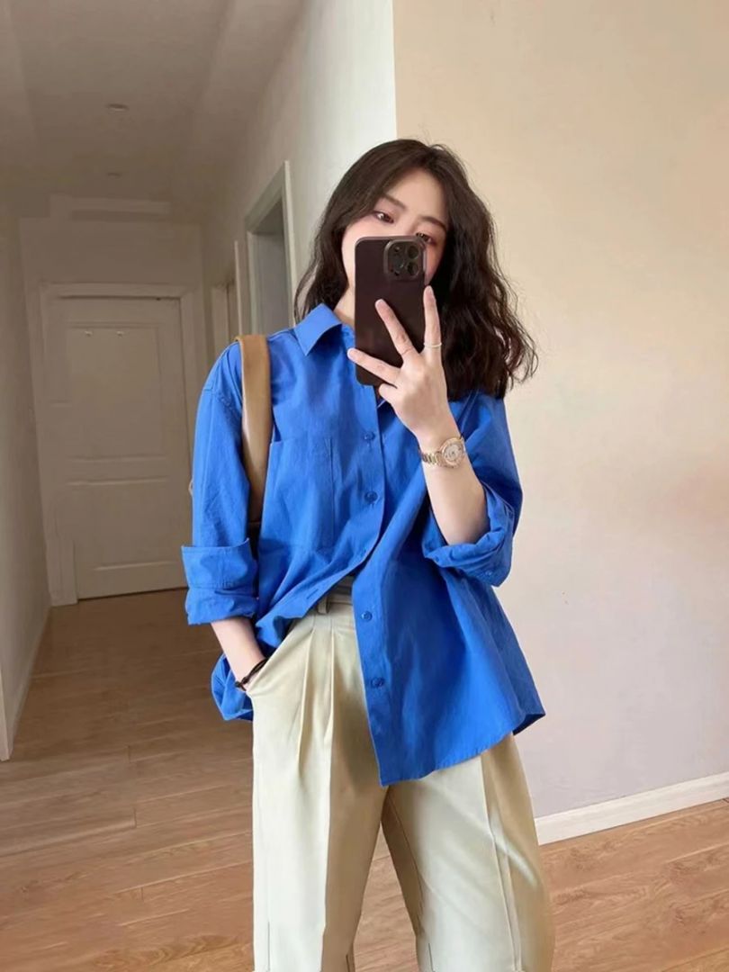 유투미월드 ♥당일 출고♥ 스타일 클린 블루 셔츠 여성 디자인 감각 틈새 프랑스 스타일 복고풍 느슨한 플러스 사이즈 스택 셔츠 얇은 겉옷