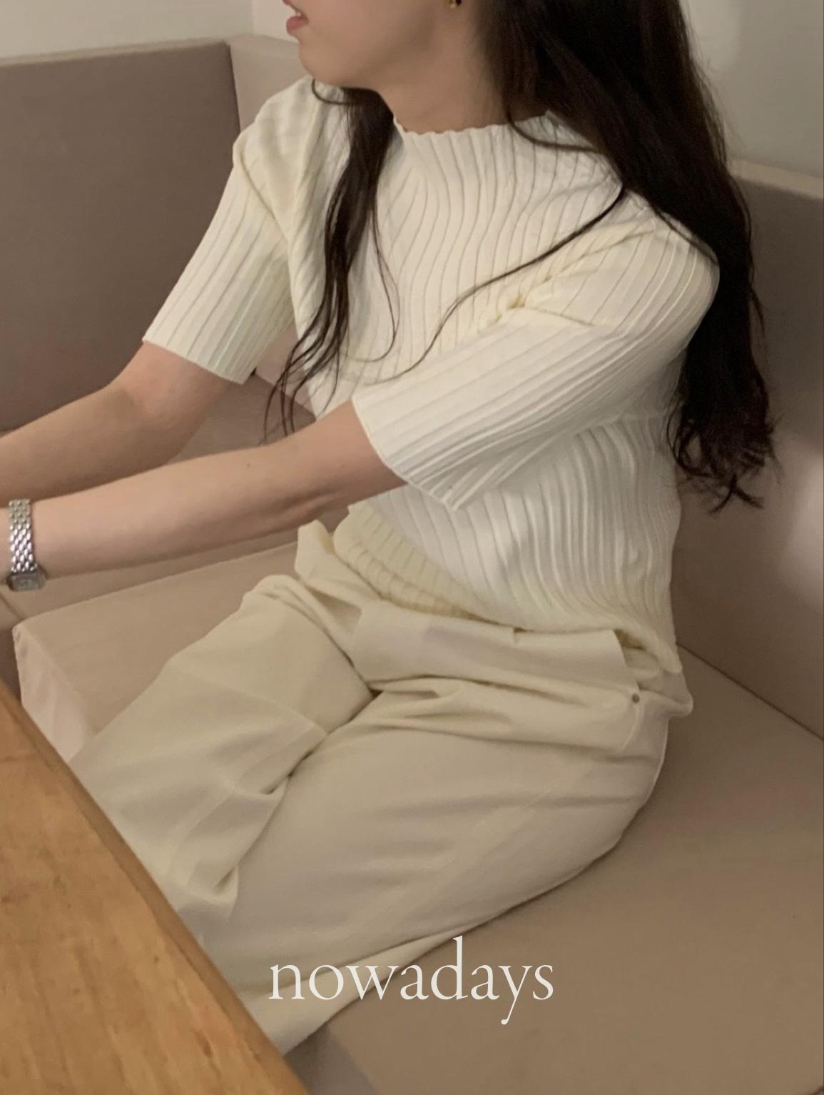 fllanel 플라넬 플리츠 니트 반팔 모크넥 골지 데일리 nt (2col)