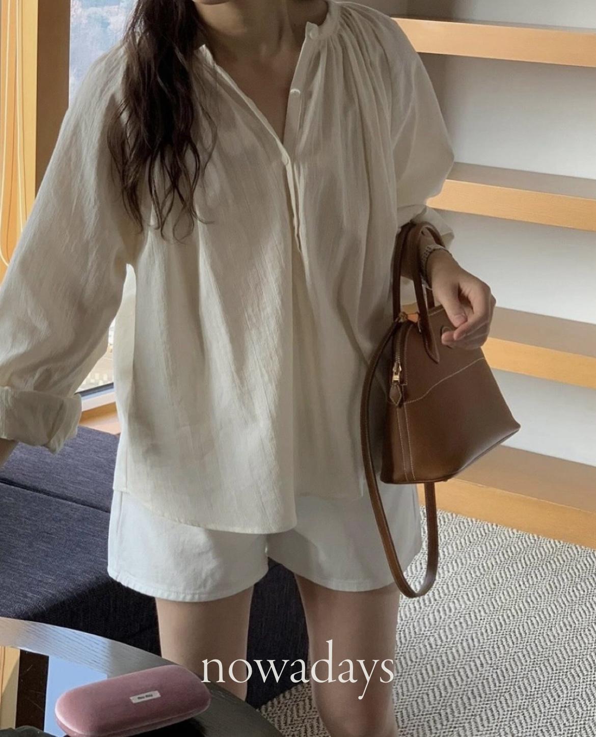 나우어데이즈 monique 모니크 이자벨 셔링 블라우스 코튼 긴팔 라운드 bl (3col)