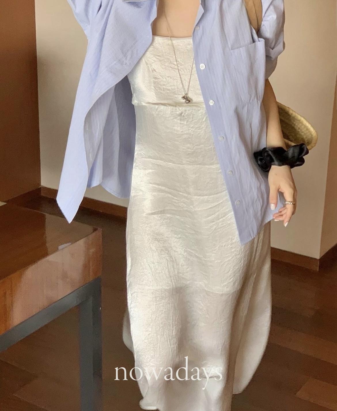 나우어데이즈 miel 미엘 웨스턴 원피스 스퀘어넥 끈 슬리브리스 끈나시 롱 플레어 ops (3col)