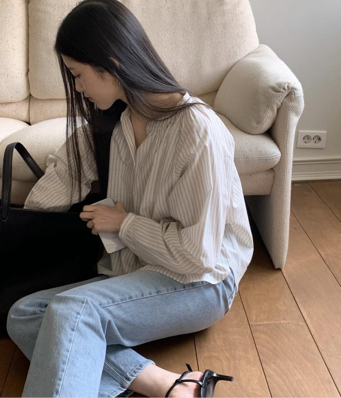 드노운 JINSIM 진심 셔벗 블라우스 스트라이프 셔링 bl 2colors