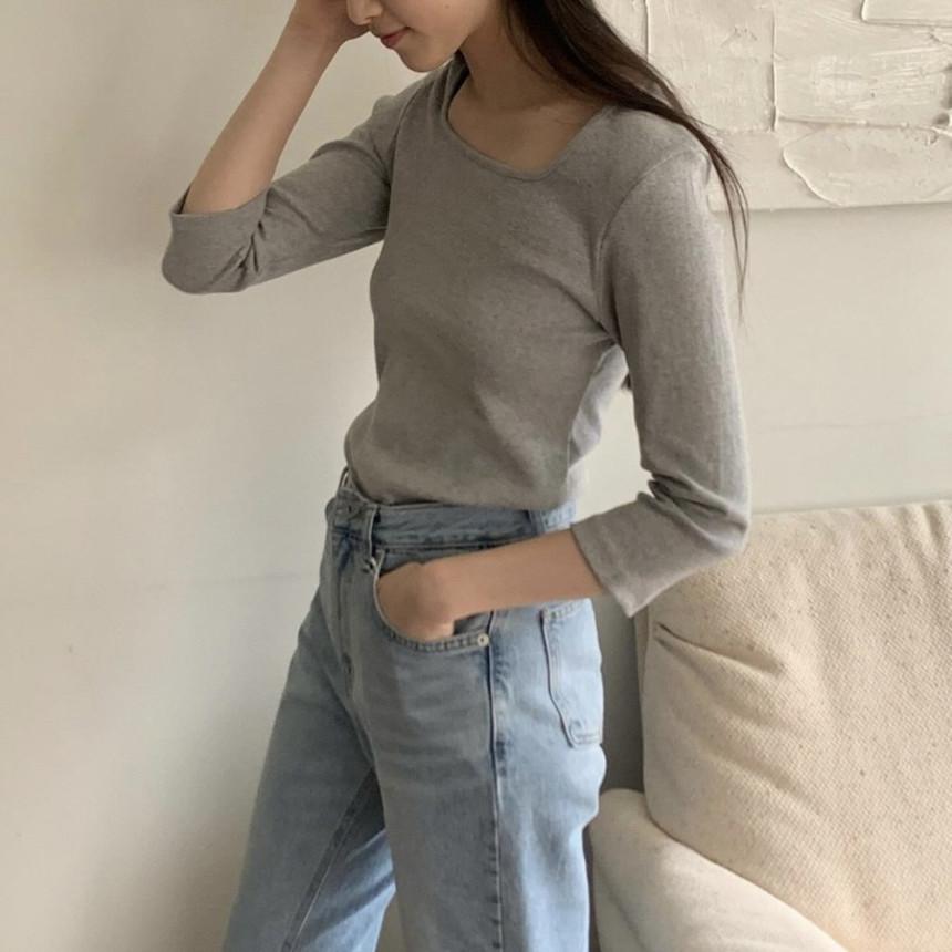 [JINSIM] 진심 러브드 스퀘어넥 티셔츠 코튼 7부 티 (3color)