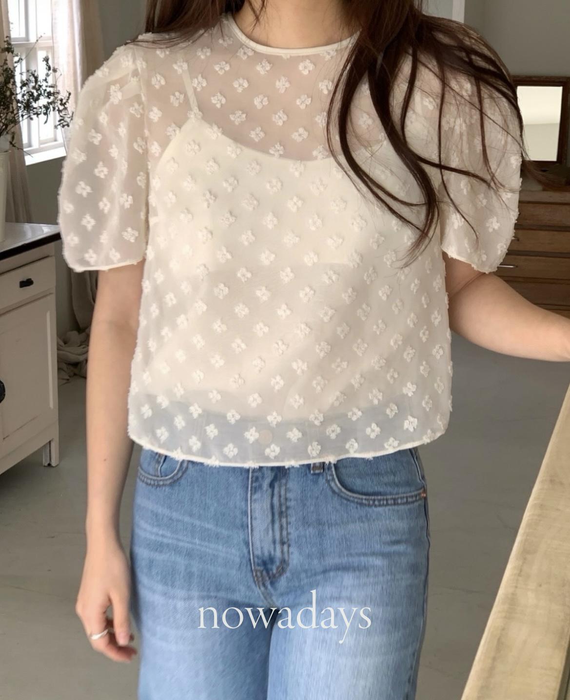 나우어데이즈 founders 파운더스 플로르 블라우스 세트 나시 반팔 플라워 탑 set (2col)