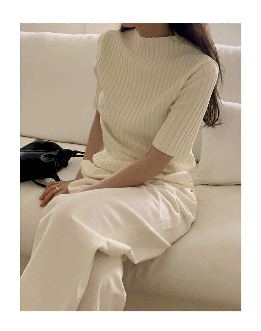 [쿠폰] Fllanel 플라넬 플리츠 골지 모크넥 반팔 니트 (2c)