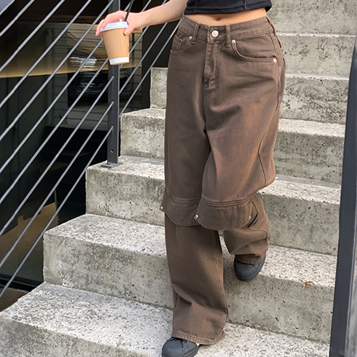 데일리브 직진배송 볼킨 로우 카고 백 포인트 비조 와이드 코튼 팬츠 4계절 면 바지 롱 와이드팬츠 브라운 유니크 2color Kd1514