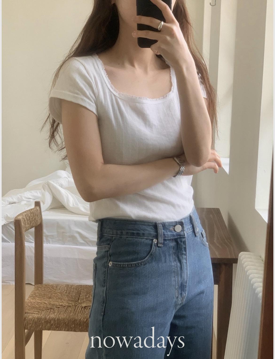 나우어데이즈 fllanel 플라넬 피코 레이스 티셔츠 코튼 반팔 스퀘어넥 데일리 t (2col)