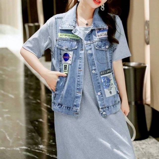 셀럽하우 셀럽하우스 LF2753 스타일리시한 남녀공용 와펜장식 데님조끼 루즈핏 청조끼