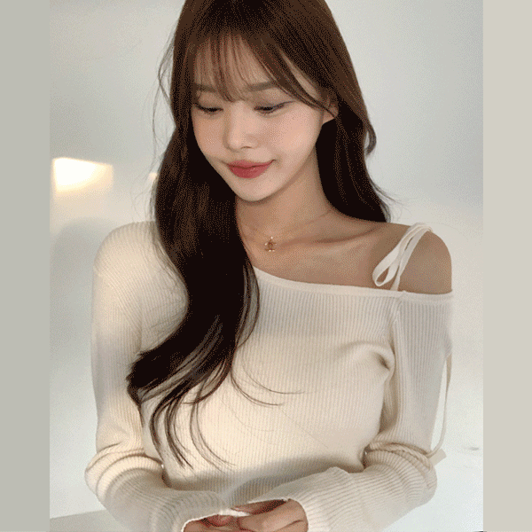 가온해 언발 스트랩 오프숄더 여리 골지 티셔츠