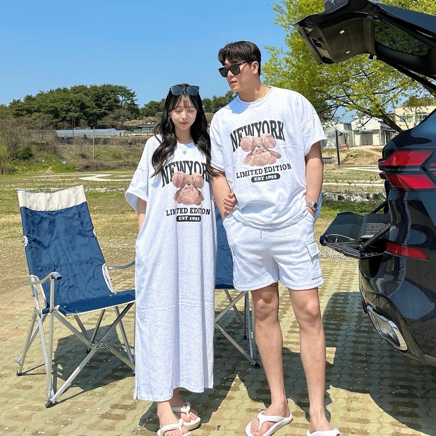 비바블 곰돌이 커플룩🧸 여름 커플룩 반팔 롱 원피스 반팔티 카고 반바지 커플티 커플 세트 꾸안꾸 트레이닝 시밀러룩 데이트 가성비 남녀공용 바다 잠옷 홈웨어 빅사이즈 원피스