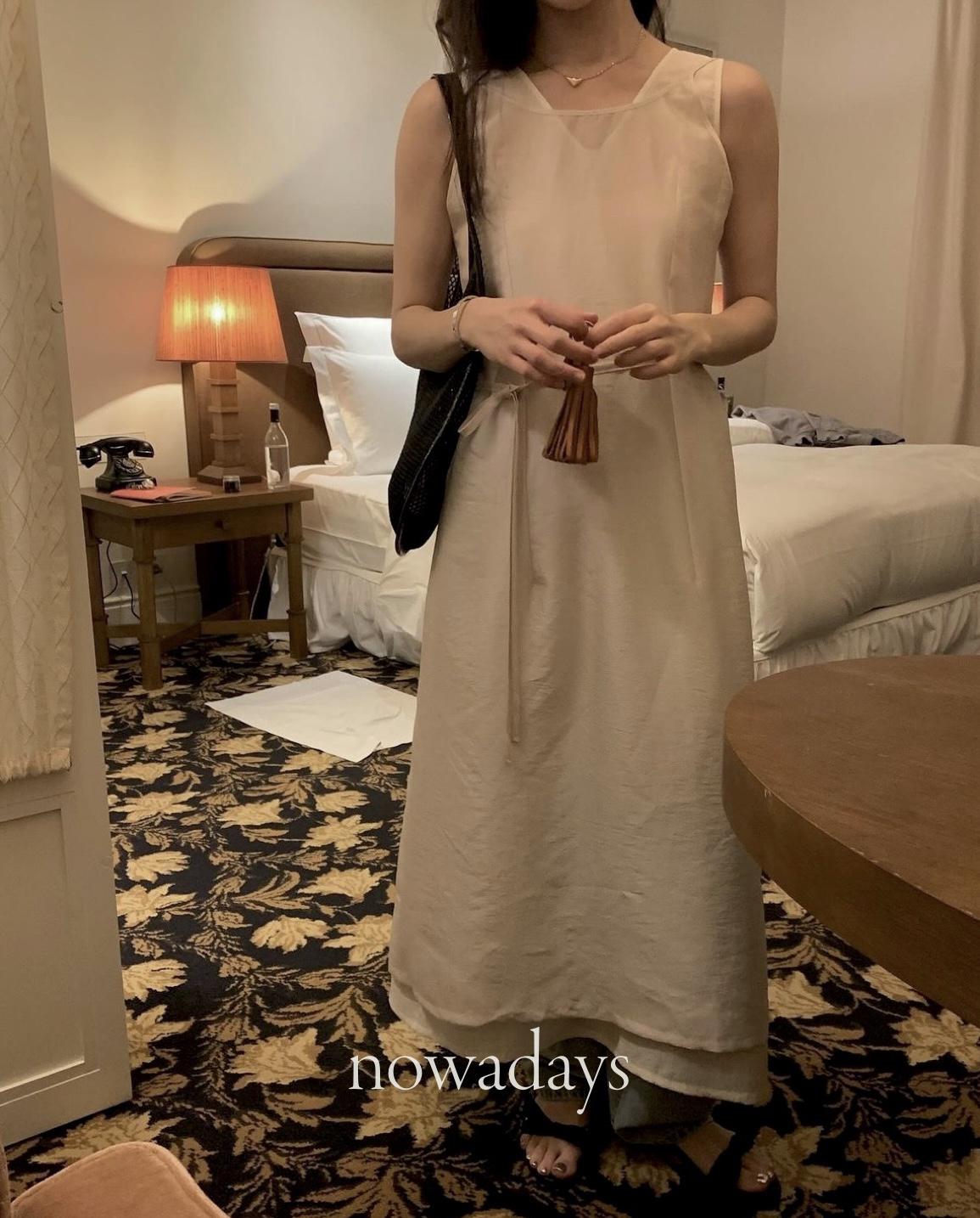 나우어데이즈 검 당일 / BR 르엔 원피스 슬리브리스 레이어드 이중 롱 랩 ops (3col)