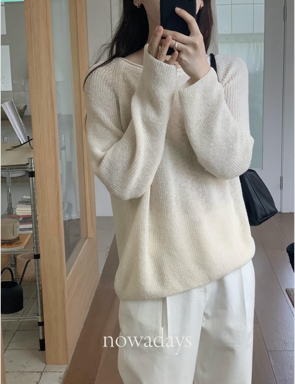 fllanel 플라넬 린넨 사브레 니트 썸머 코튼 긴팔 보트넥 시스루 nt (3col)